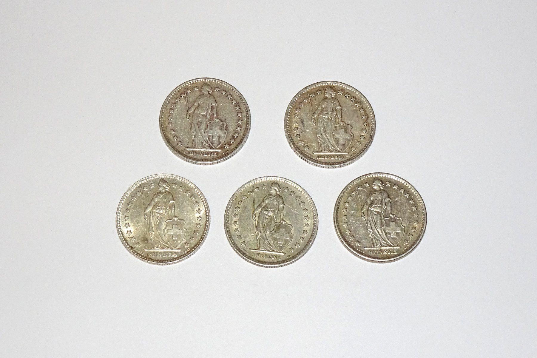 2 Franken Silbermünzen 5 Stk. 1928, 1943, 1955, 1963, 1965 (Gebraucht ...