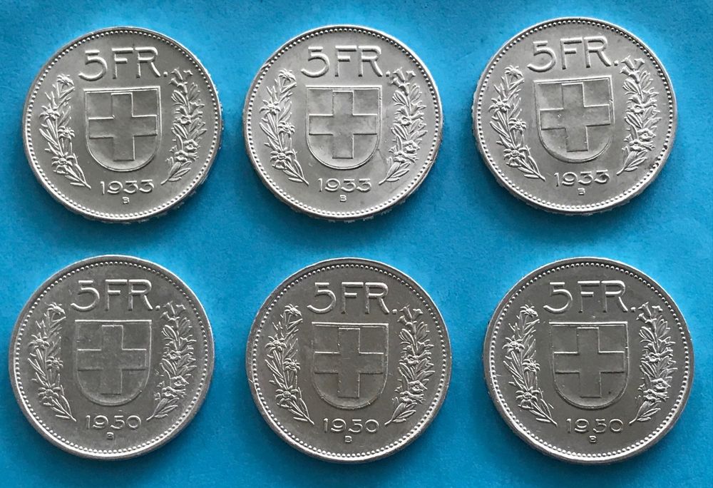 6 Schweizer Silber 5 Franken-Münzen von 1933 und 1950 | Kaufen auf Ricardo