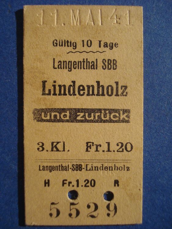 SBB - 11.5.1941 - LANGENTHAL SBB - LINDENHOLZ - 3.Klasse (Gebraucht) in Biel/Bienne für CHF 22 ...