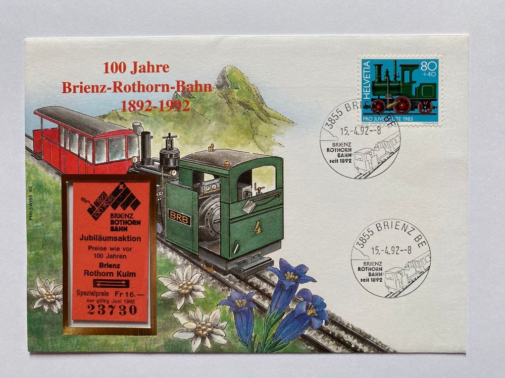 FDC 100 Jahre Brienz-Rothorn-Bahn 1892-1992 (Ortsn.) (Neu (gemäss Beschreibung)) in ...