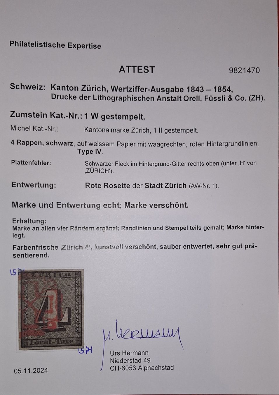 Zürich 1W Marke verschönt mit Attest Kat. 28000 (Gebraucht) in Balgach ...