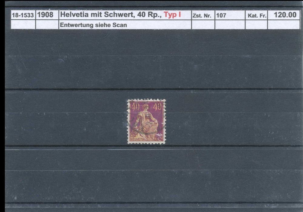 1908 Helvetia mit Schwert 40 Rp., Typ I (Gebraucht) in Winterthur für CHF 22 – mit Lieferung auf ...