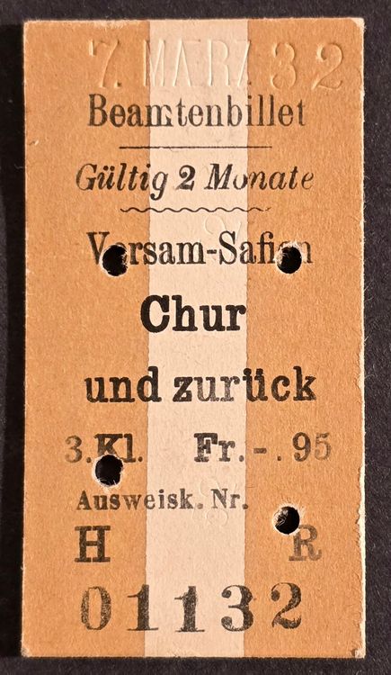 SBB - RhB - 7.3.1932 - VERSAM-SAFIEN - CHUR - 3.Klasse (Gebraucht) in Biel/Bienne für CHF 52 ...