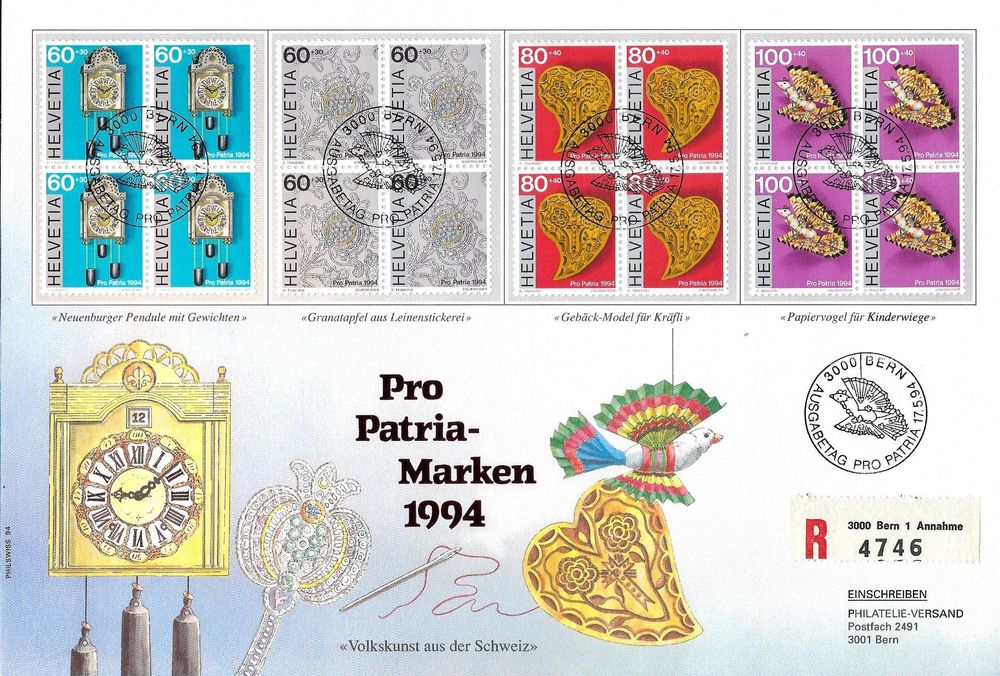 FDC 4er Block Serie Pro Patria 1994 (Gebraucht) in Zürich für CHF 3 – mit Lieferung auf Ricardo ...