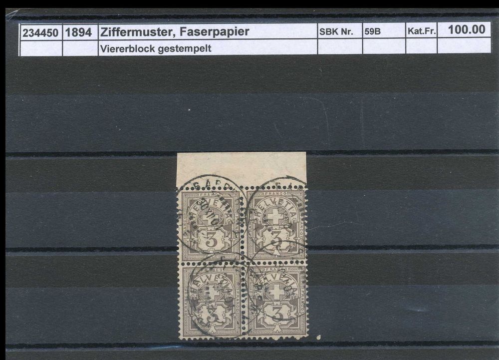 1894 Ziffermuster 3 Rp.. SBK Nr. 59B, Viererblock (Gebraucht) in Winterthur für CHF 10 – mit ...