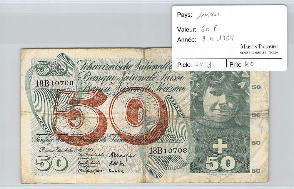Billet Suisse 50 Francs 1964 (Gebraucht) in Genève für CHF 40 – mit ...