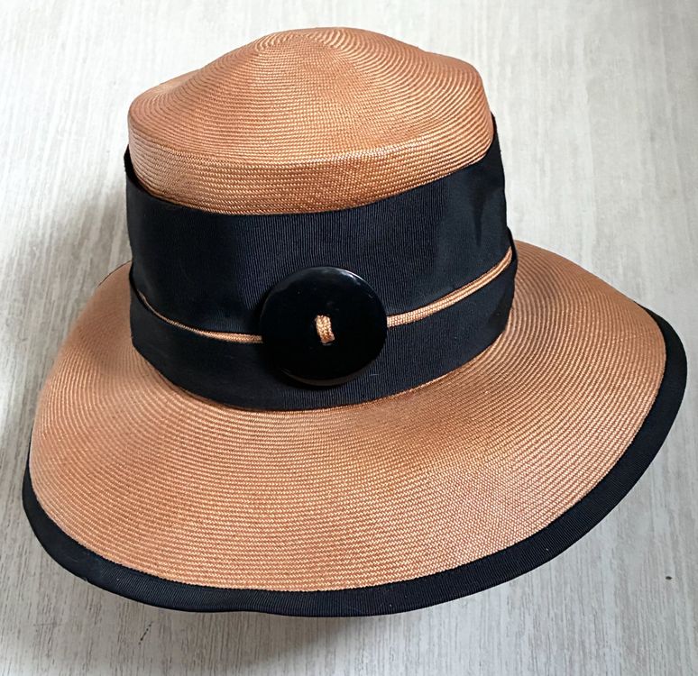 Vintage Strohhut Caramel mit schwarzem Repsband/Masche/Knopf (Gebraucht ...
