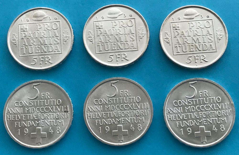 6 schöne Schweizer Silber 5 Franken-Gedenkmünzen 1936/1948 (Gebraucht) in Zürich für CHF 68 ...