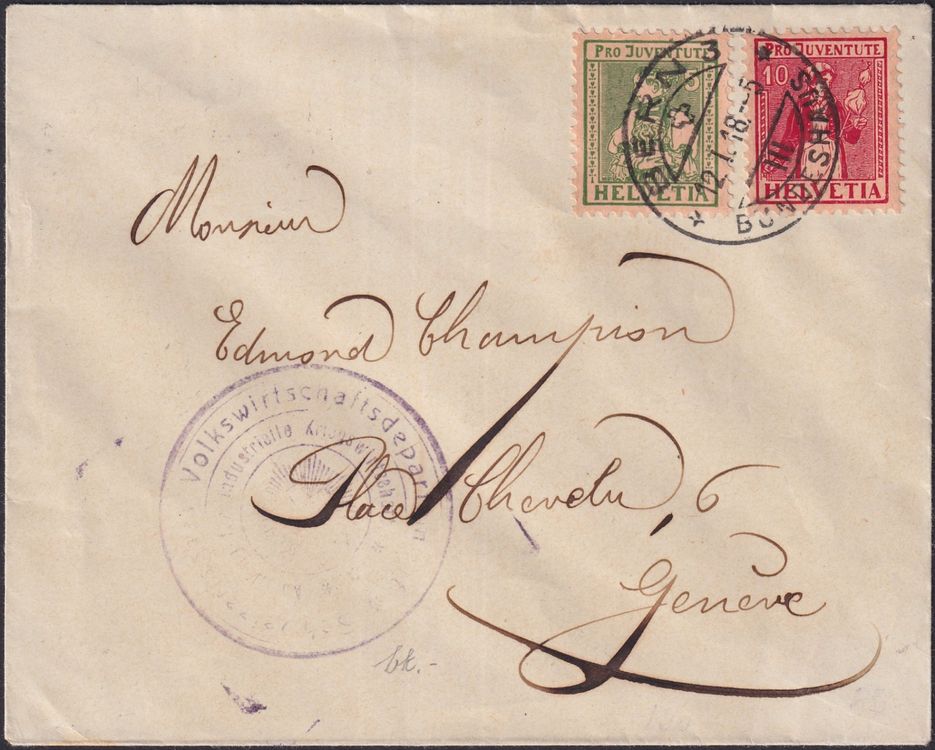 1917, J8+J9 auf sauberem Brief: BERN-GENF, Kat: 100.-+ (Gebraucht) in Sursee für CHF 25 – mit ...