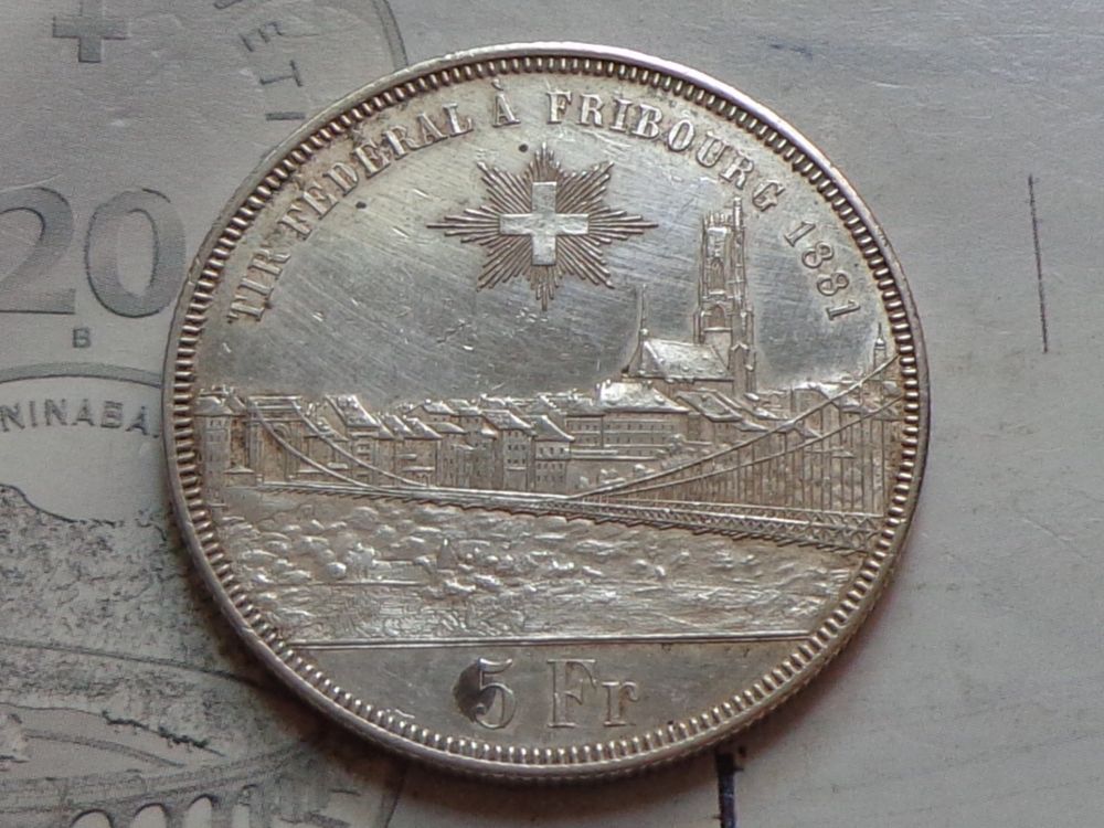 Ecu de tir Fédéral / Schützentaler 5 Fr. Fribourg 1881 (Gebraucht) in Pully für CHF 39 – mit ...