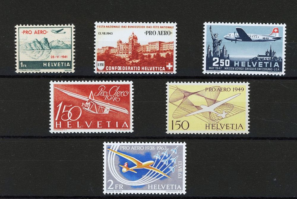 1941-63: 6 Flugpost Ausgaben, Pro Aero Marken, postfrisch (Neu (gemäss Beschreibung)) in Basel ...