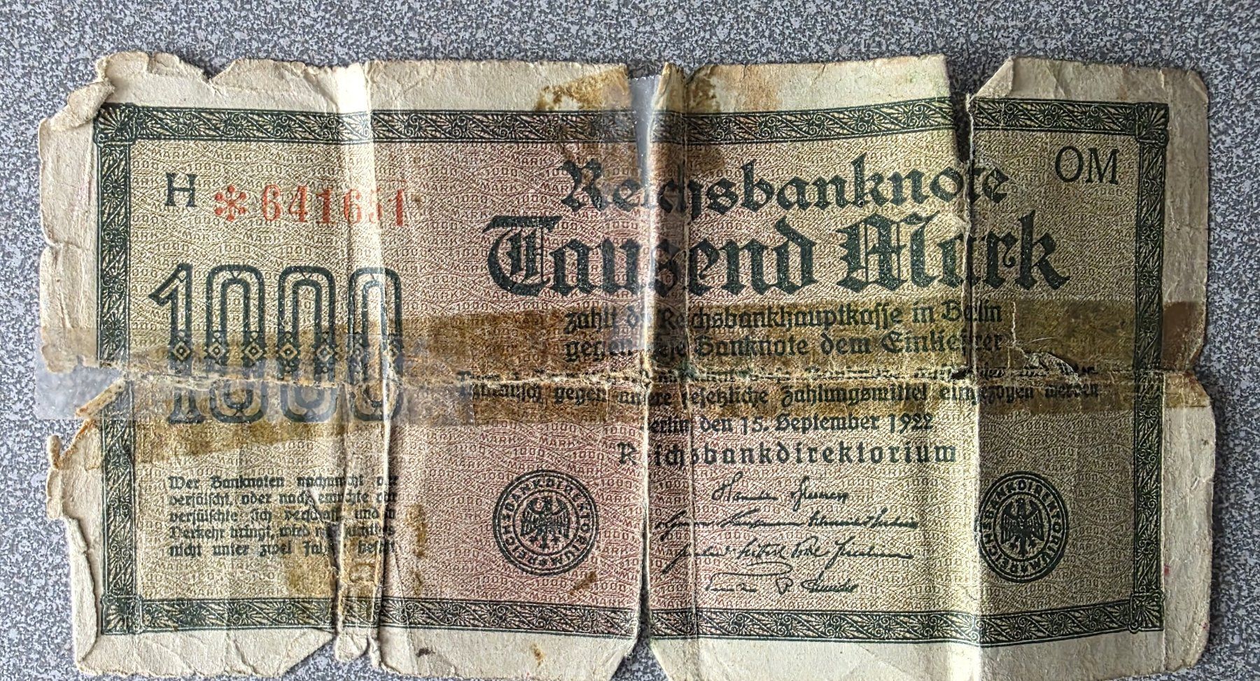 Historische Reichsbanknote 1000 Mark - Selten, Jahr 1922 (Gebraucht) in ...
