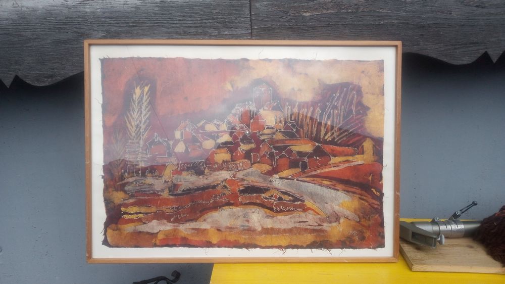 Batik Bild Dorfbild Unikat gerahmt signiert 1996 (Gebraucht) in Belp für CHF 49 – nur Abholung ...
