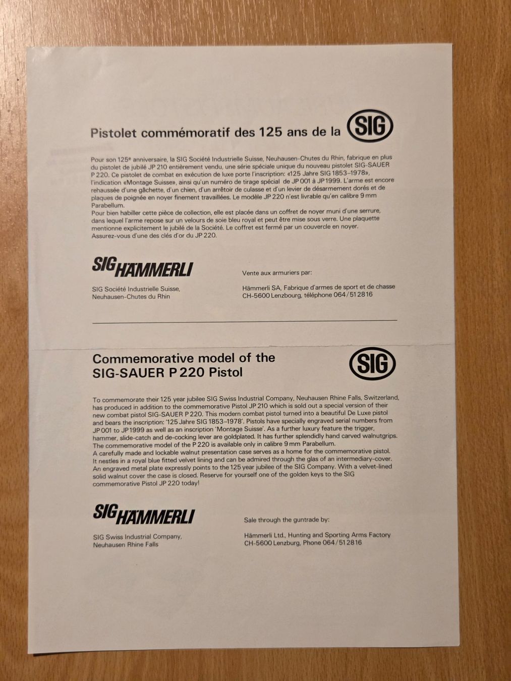 Flyer pour le Sig commémoratif P 220 (D'occasion) à Choëx pour CHF 15 ...