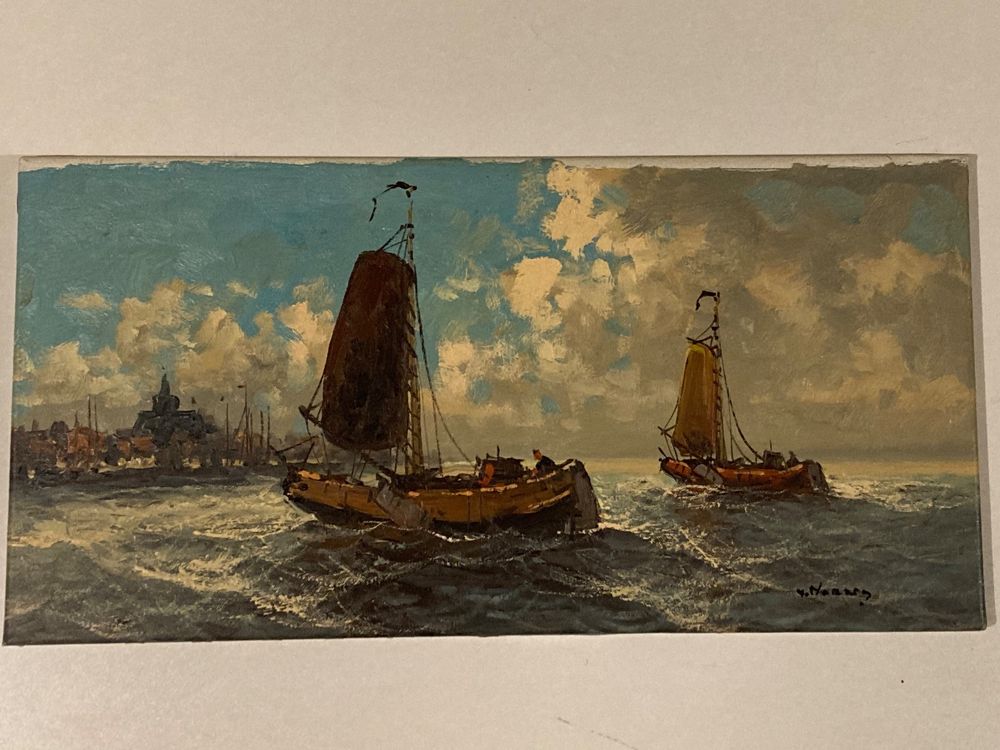 Landschaftsgemälde signiert mit Segelschiffen auf See, Hafen | Kaufen auf Ricardo