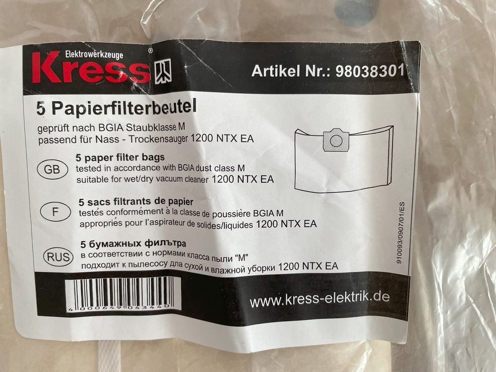 Kress - Papierfilterbeutel - 1200 NTX EA (Staubklasse M) | Kaufen auf ...