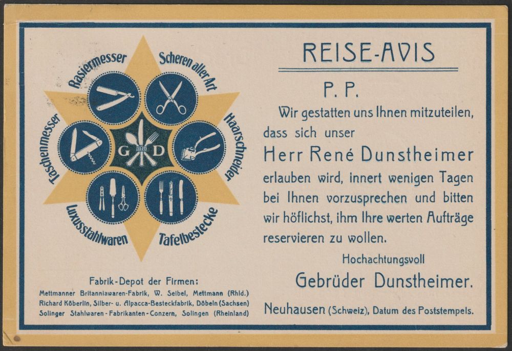 AK SH: 20.VII.22, NEUHAUSEN, Werbe-AK, Solinger Stahlwaren (Gebraucht) in Basel für CHF 10 – mit ...