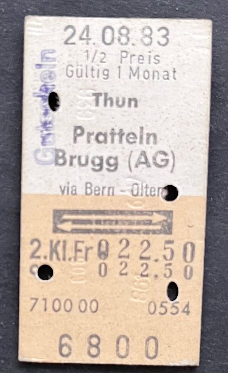 Thun Pratteln Brugg (AG) via Bern - Olten /Billett 1983 | Kaufen auf Ricardo