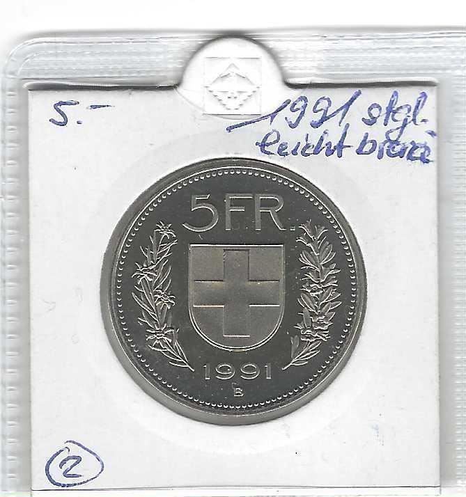 rarer 5.- Fr. aus Münzsatz 1991 stgl vertiefte Randschrift (Neu (gemäss Beschreibung)) in Zürich ...