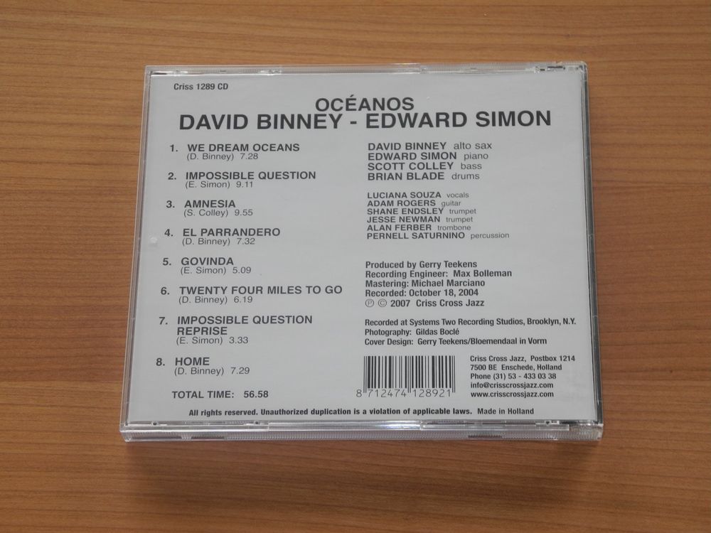 DAVID BINNEY / EDWARD SIMON: OCEANOS - CRISS CROSS JAZZ (Neu (gemäss ...