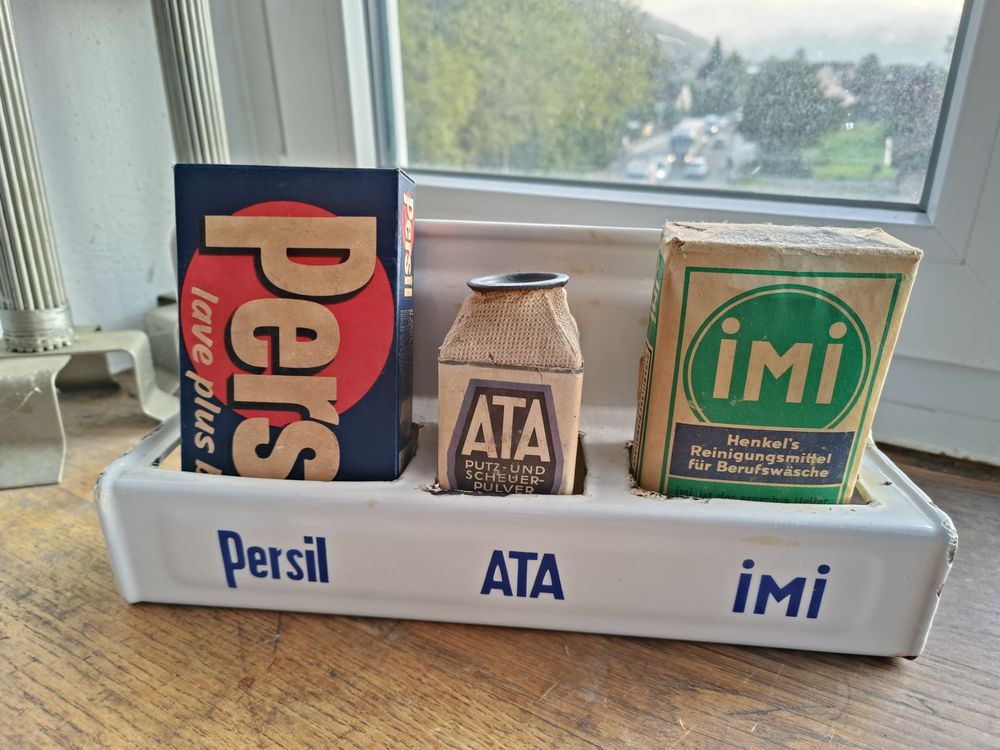 Emaille Werbe Ständer mit Waschmittel / Persil, IMI, ATA (Gebraucht) in ...