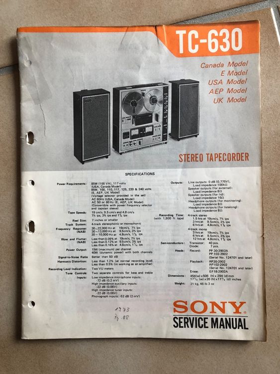 Sony TC-630 Serviceanleitung - Original - guter Zustand (Gebraucht) in ...