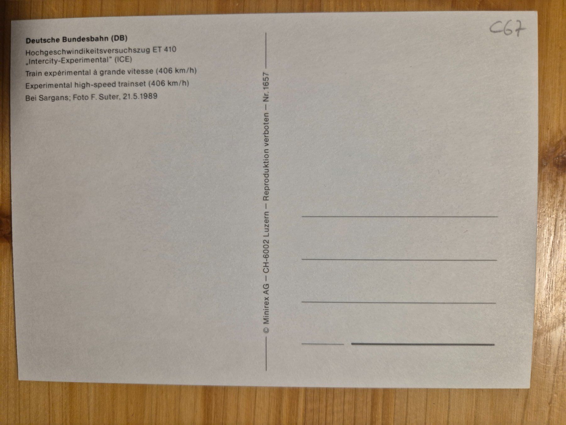 DB - Deutsche Bundesbahn : "ICE" ET 410, Sargans 21.5.1989 (Gebraucht ...