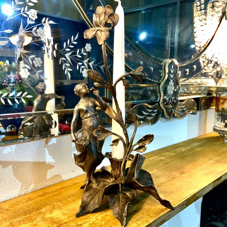 JUGENDSTIL KERZENHALTER MIT FRAUSKULPTUR BRONZEGUSS UM 1900 | Kaufen auf Ricardo