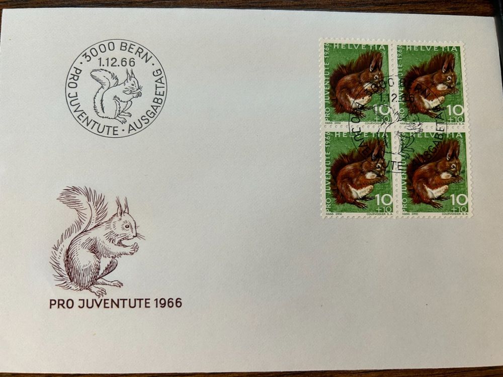 PRO JUVENTUTE AUSGABETAG 1.12.66, HELVETIA 4er Block 10 Rp. (Gebraucht) in Ruswil für CHF 0.25 ...