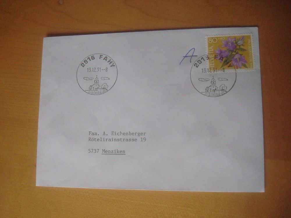 Schöner Beleg Stempel FAHY 1991 (Gebraucht) in Gordola für CHF 1.3 – mit Lieferung auf Ricardo ...