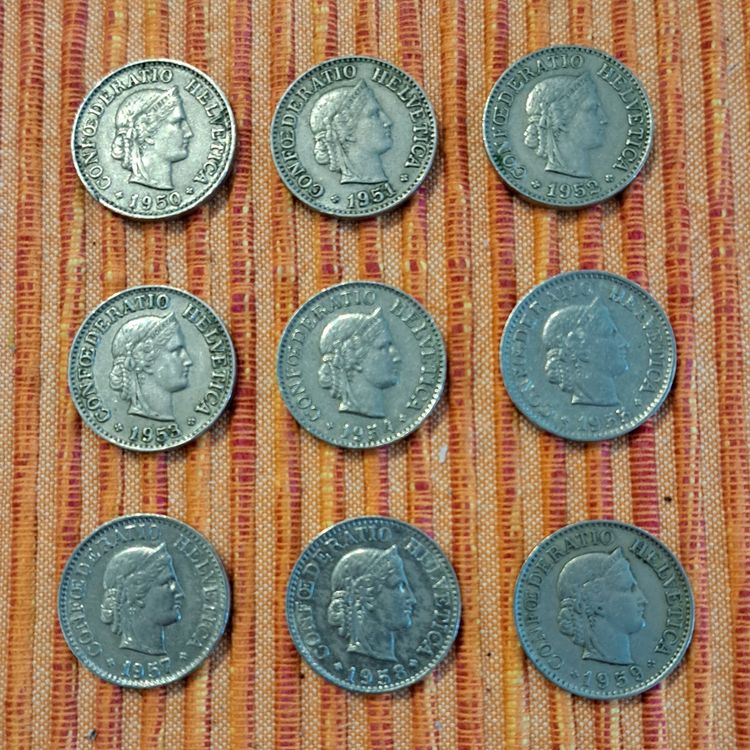 Pièces 10ct 1950 1951 1952 1953 1954 1955 1957 1958 1959 (Gebraucht) in Genève für CHF 3 – mit ...