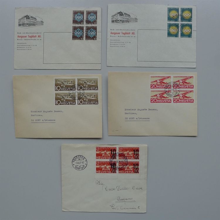1938-1948, 5 Briefe mit 4er-Blöcken, Flugpost, gut erhalten (Gebraucht) in Sursee für CHF 18 ...