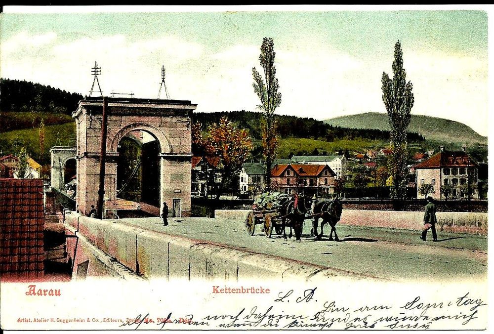 AK LITHO AARAU KETTENBRÜCKE 1903 PERSONEN PFERDEFUHRWERK (Gebraucht) in Aarau für CHF 12 – mit ...