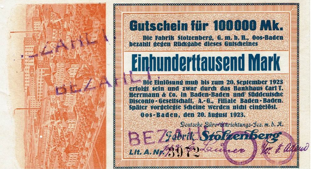 Oes Baden 100000 Mark Lit.A 20.08.1923 VZ-VZ+ (Gebraucht) in ...