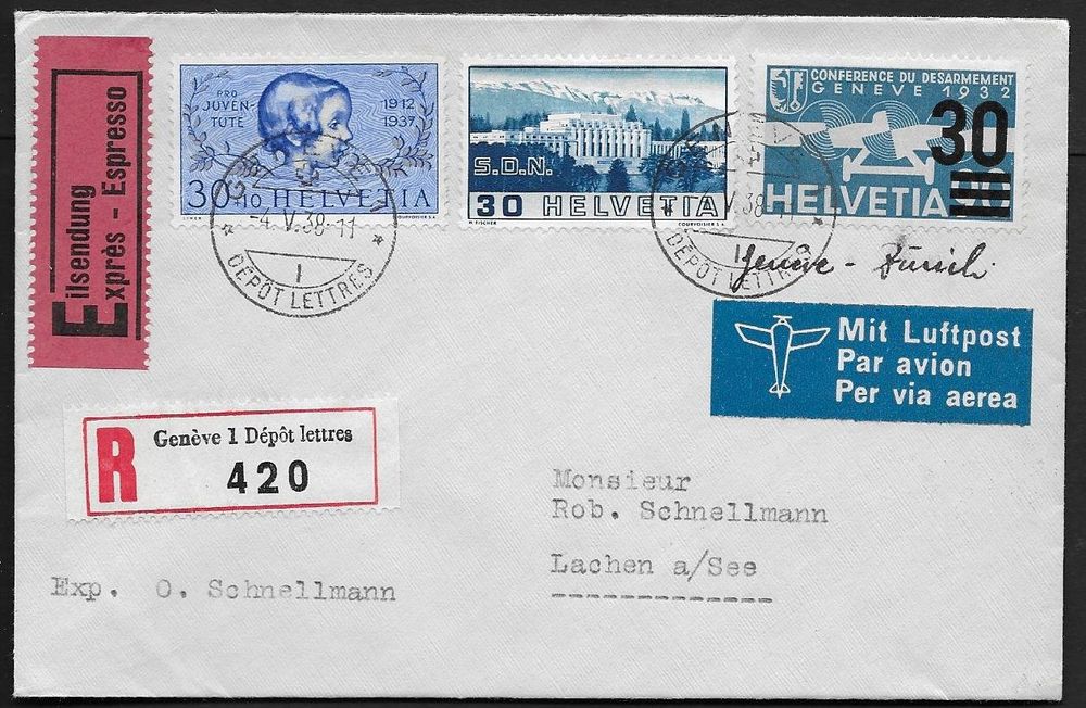 1938 R/Ex. Luftpost Genève-Zürich MISCH-Frankatur top ab 1.- (Gebraucht) in Zürich für CHF 21 ...