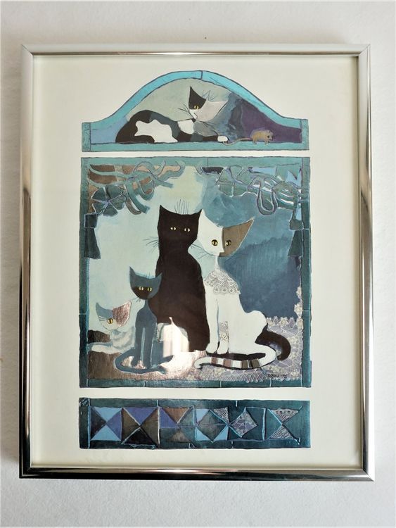 Katzenbild in blau, gerahmt 240 x 300 mm | Kaufen auf Ricardo