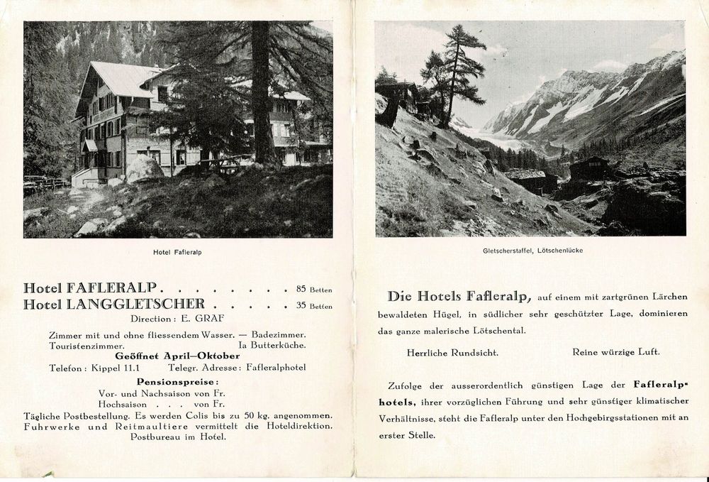 FAFLERALP Lötschental Prospekt ca 1920 mit Hotel-Preisen! (Gebraucht ...