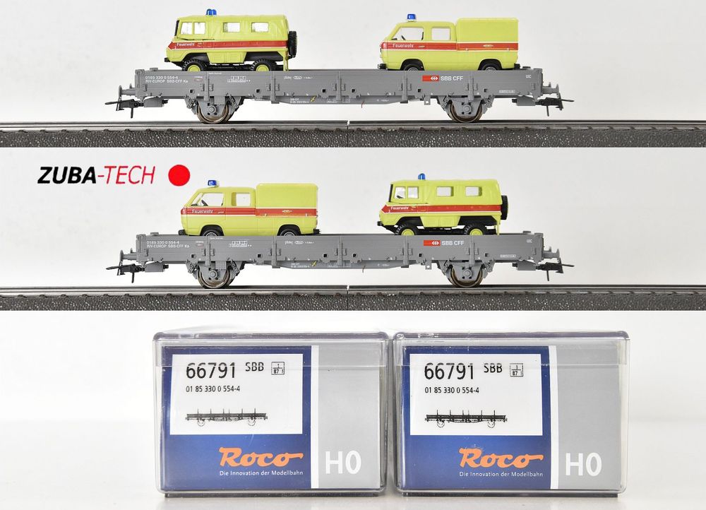 Roco 2x Feuerwehr Flachwagen der SBB H0 GS mit OVP (Gebraucht) in St. Gallen für CHF 62 – mit ...