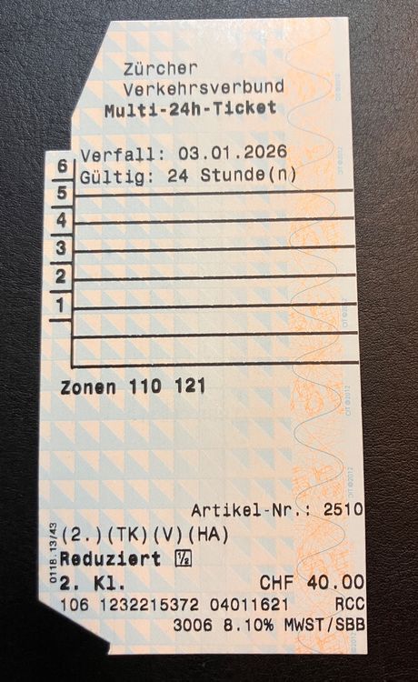 ZVV Mehrfartenkarte 24 Std. Zone 110/121 (Neu und originalverpackt) in ...