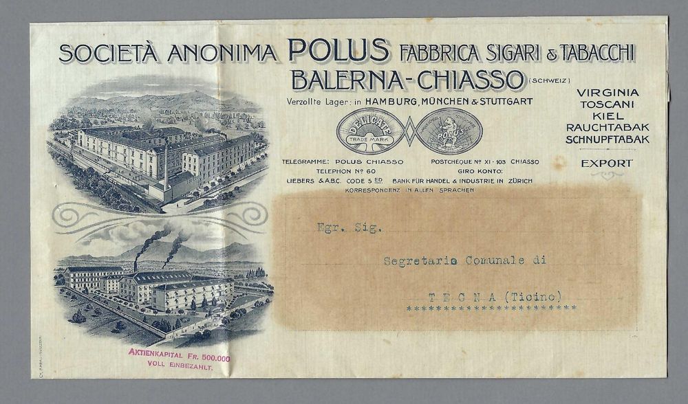 1913, FATTURA ILLUSTRATA POLUS BALERNA-CHIASSO (Gebraucht) in Pura für CHF 18 – mit Lieferung ...