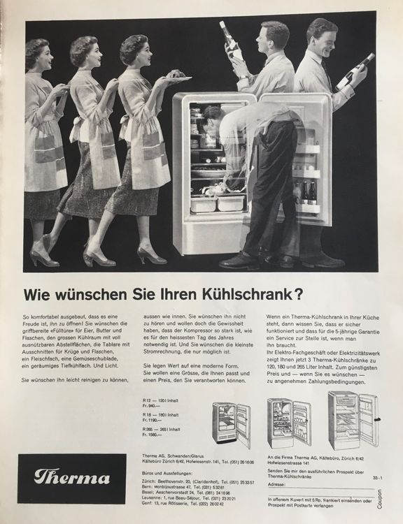Grosse Vintage Reklame, Therma Kühlschrank, Schwanden, 1958 | Kaufen ...