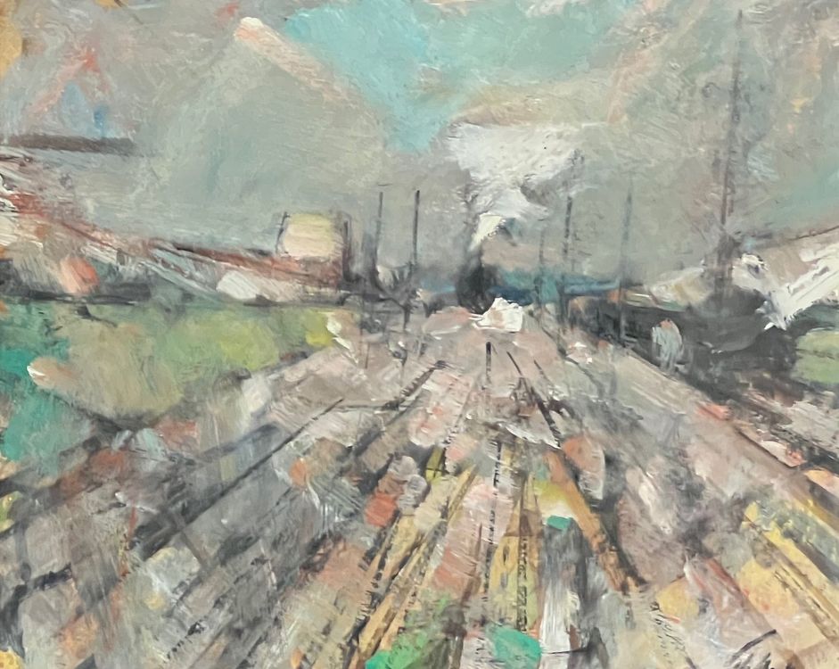 Walter Emil Müller. Bahnhofdarstellung. Öl auf Pavatex (Gebraucht) in Zumikon für CHF 190 – mit ...