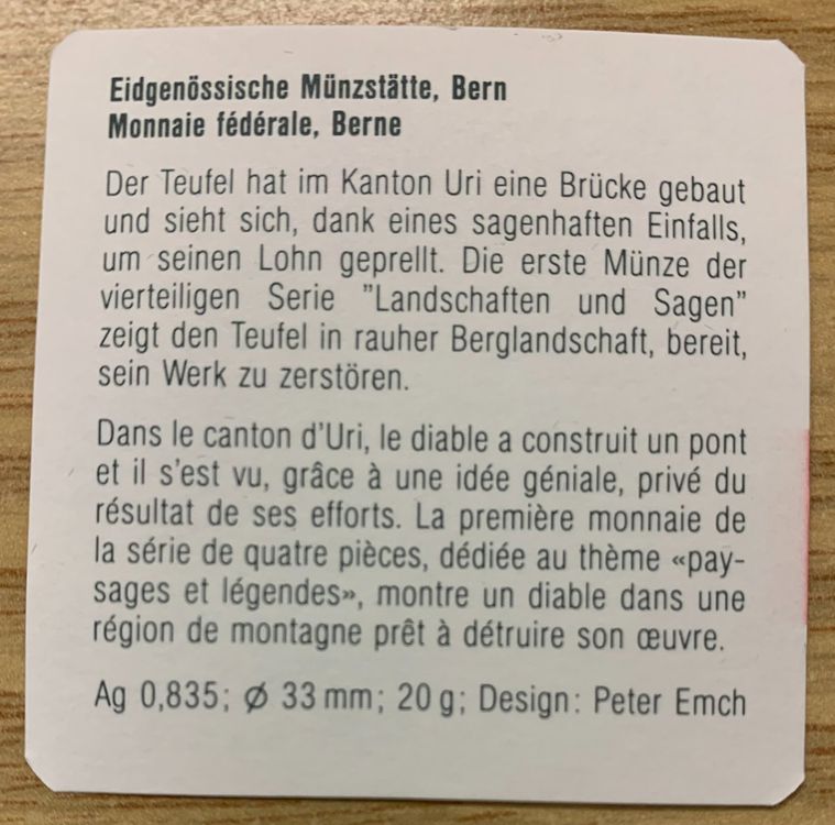 CH Sonder-/Gedenkmünze 1994 - Teufelsbrücke / CHF 20.- (Neu und originalverpackt) in Gundetswil ...