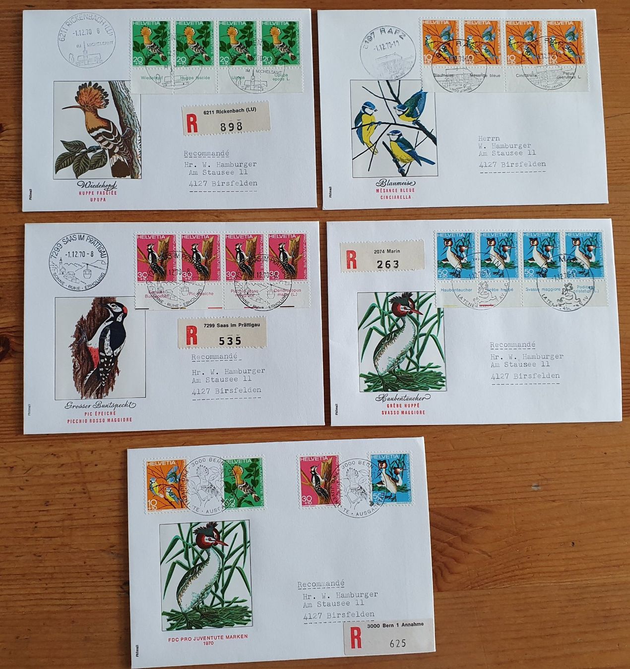 Pro Juventute 5 FDC 1970 / Serie und Viererstreifen mi Tabs (Gebraucht ...