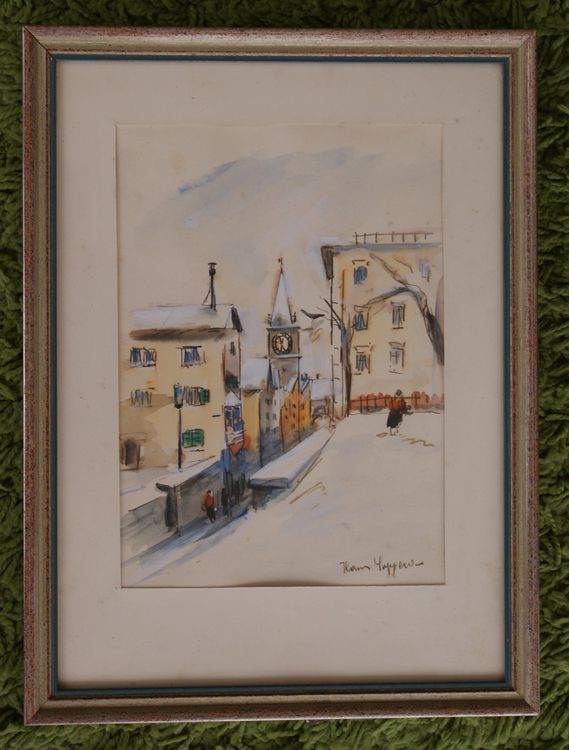 Soppera Hans, Dorfszene evtl. Engadin, belebt, Kirche (Gebraucht) in ...