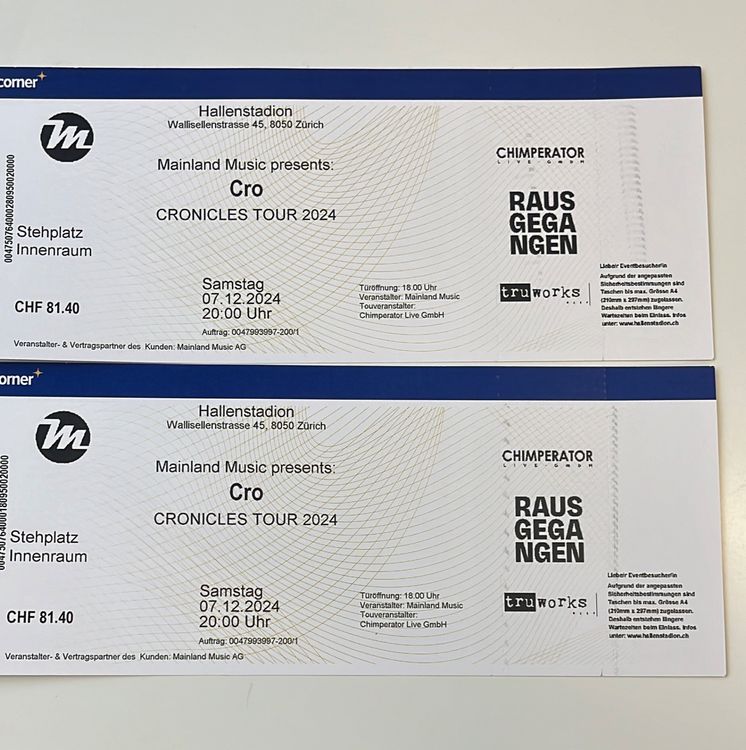 2 Tickets CRO Cronicles Tour 2024 | Kaufen auf Ricardo