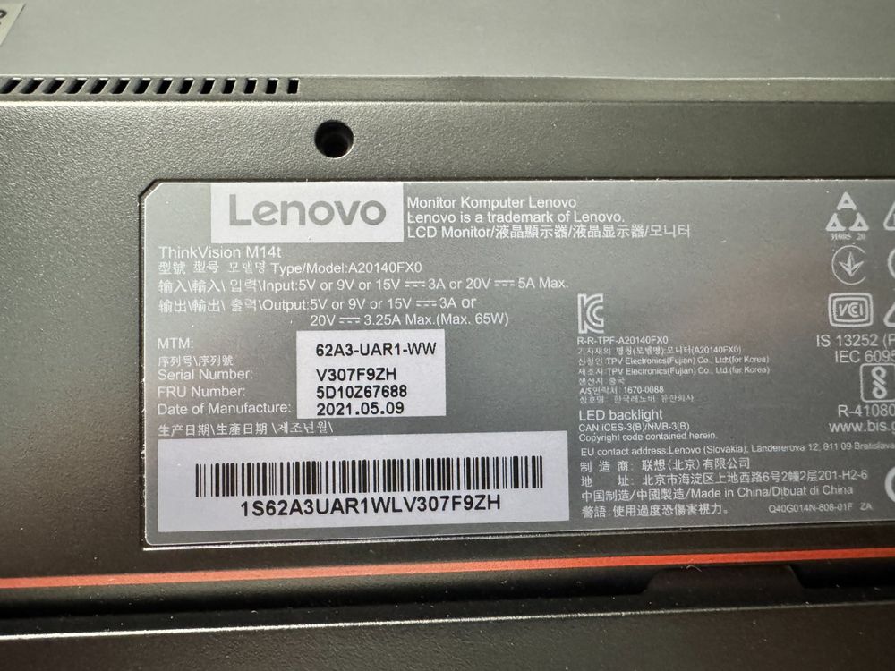 NEW: Lenovo ThinkVision M14t USB-C Mobile Monitor, Touch Scr (Neu ...