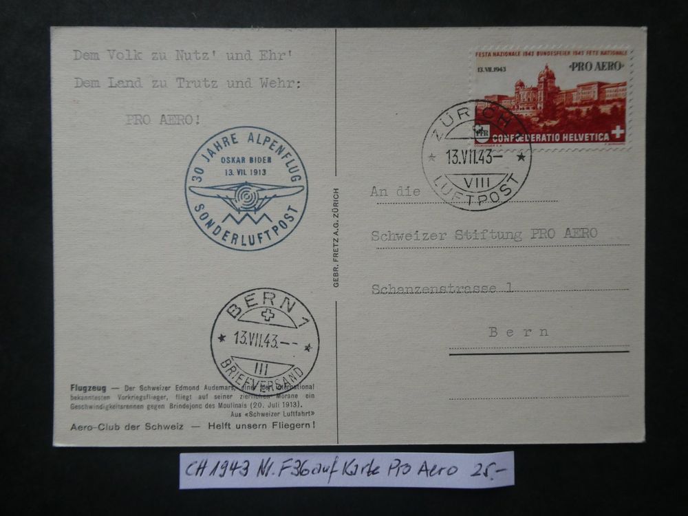 CH 1943 Nr. F36 auf Karte Pro Aero (Gebraucht) in Lausen für CHF 4 – mit Lieferung auf Ricardo ...