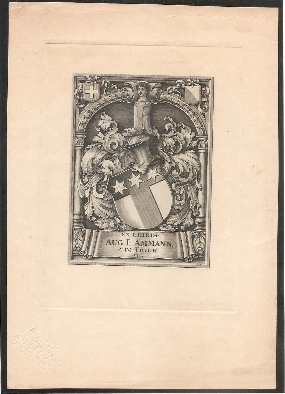 Ex-libris héraldique original Aug. F. Ammann, Zürich 1907 (D'occasion ...