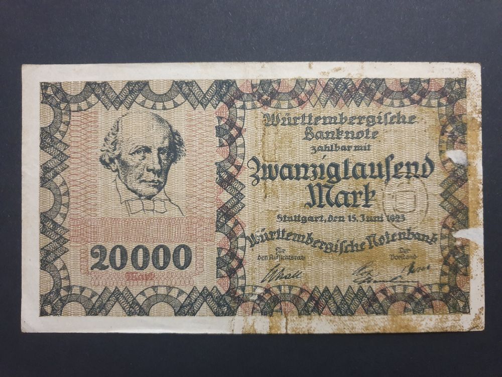 D.R Württembergiche banknote Stuttgart 1923 20.000 mark (Gebraucht) in Versoix für CHF 1 – mit ...